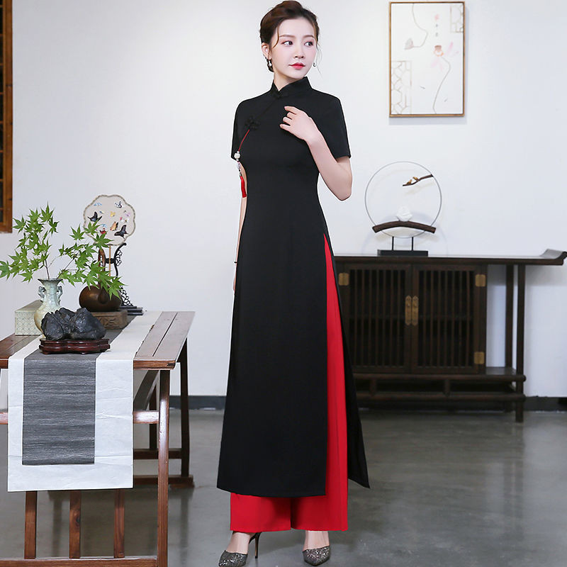 [S-7XL] Cheongsam Suit Plus Size Short Sleeve Black Cheongsam/Red ...