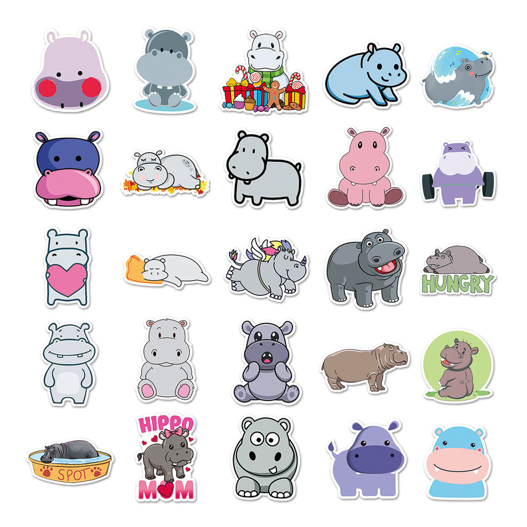 50pcs Hippo Non-Repetitive Luggage Stickers Stationery Box Stickers ...