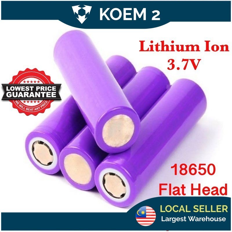 REAL 18650 Lithium Ion 3.7V Flat Head Fan Torch Battery - PURPLE COLOUR ...