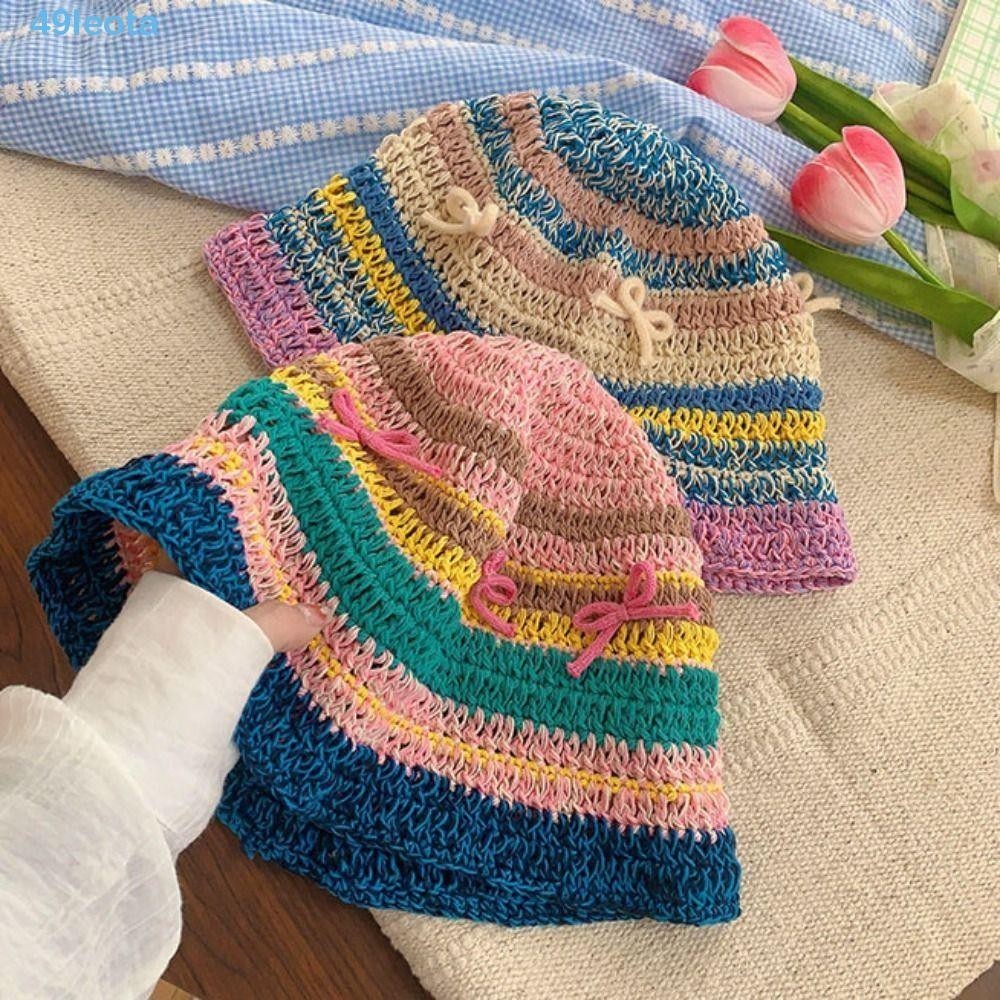 LEOTA Bucket Hat, Wide Brim Stripe Rainbow Color Straw Hat, Adjustable ...