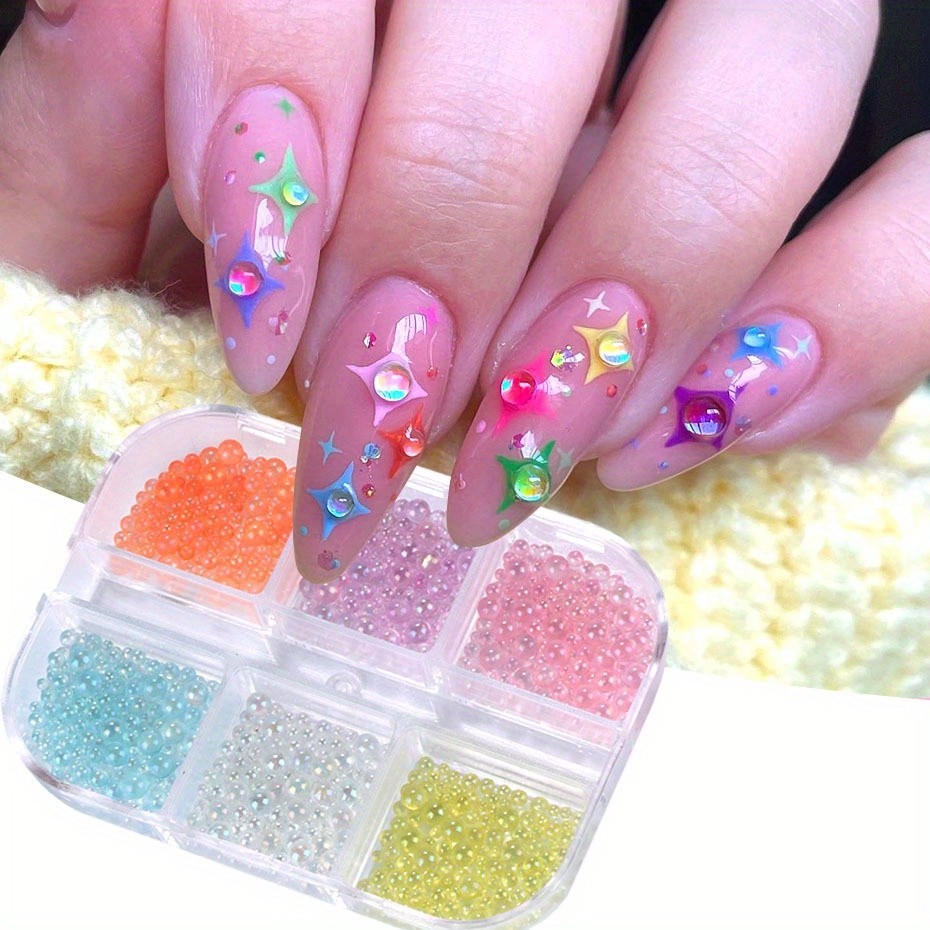 6 Grids Mermaid Bubble Beads Nail Art Decoration Aurora Micro Round ...