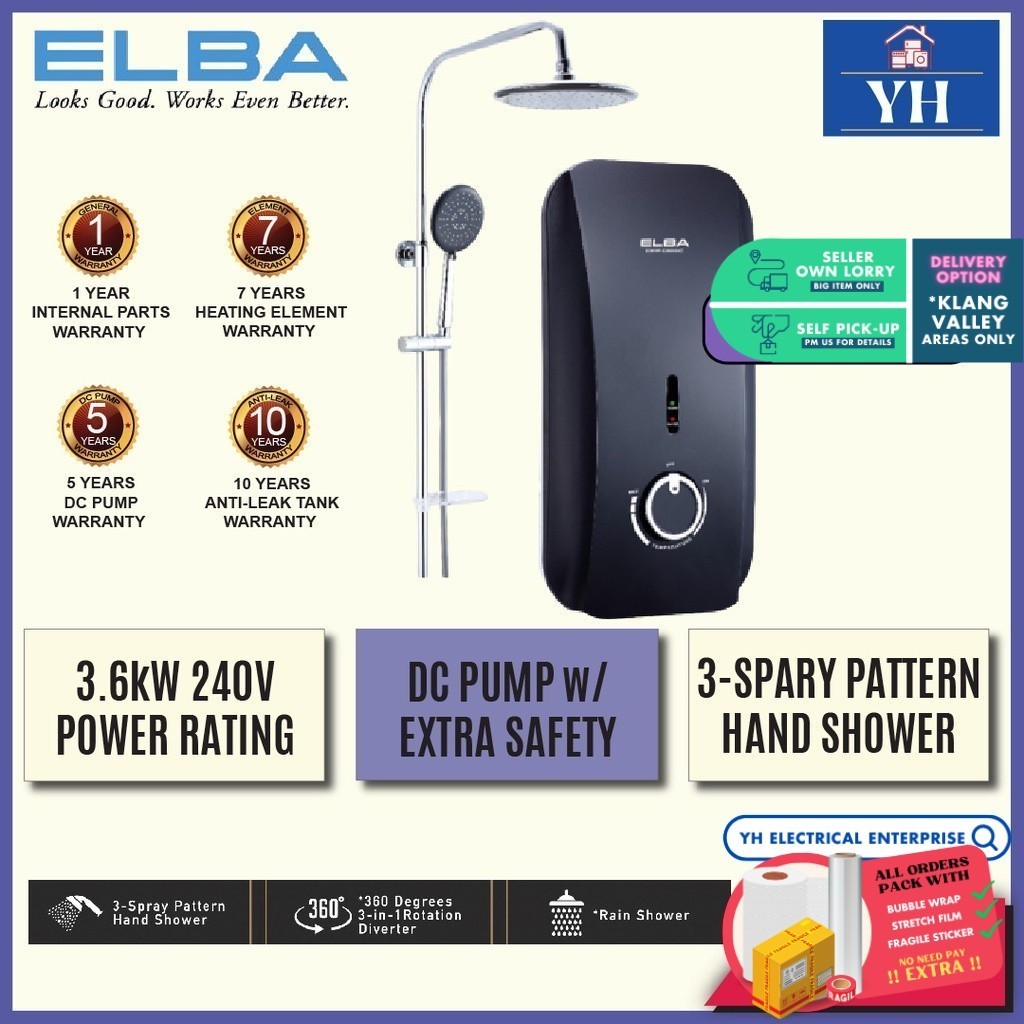 Elba FIOTTO Series 3.6kW DC Pump Instant Water Heater with Rain Shower ...