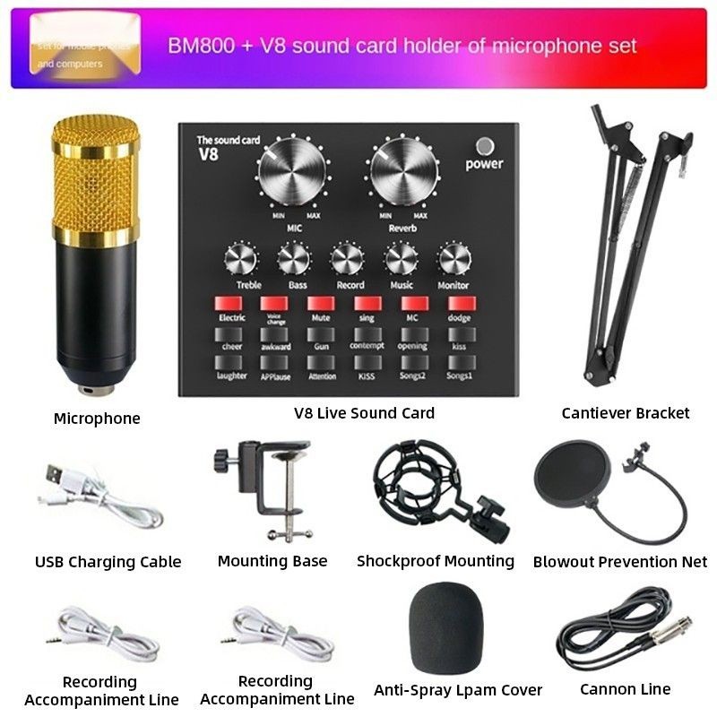 (Ready stock)BM 800 Mic with Microphone Condenser V8 Sound Card Recording For Radio Braodcasting ...