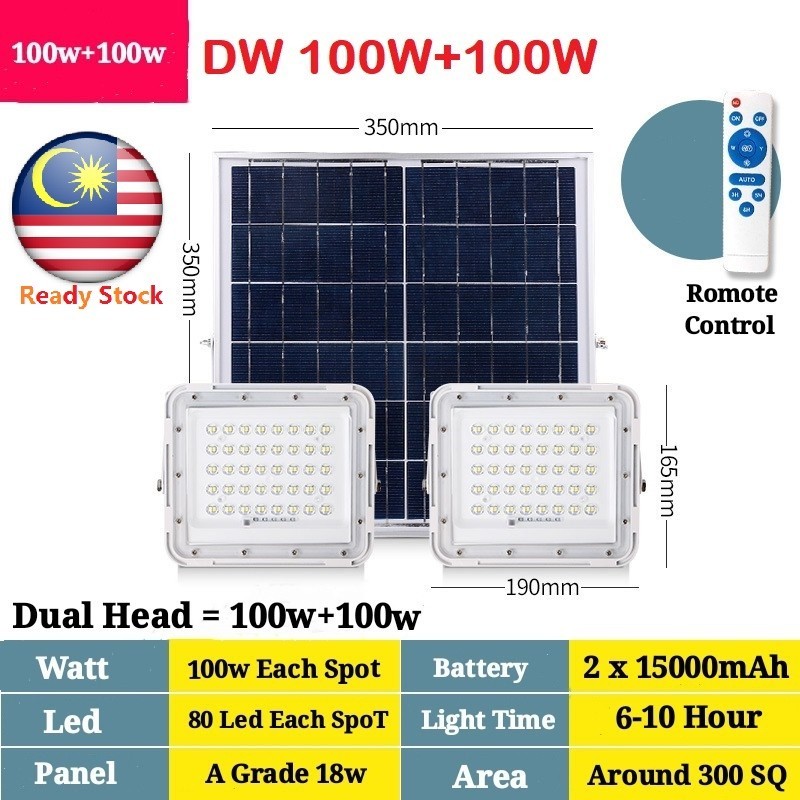 Solar Dual Head double 100w + 100w Flood spot Light Waterproof Auto ...