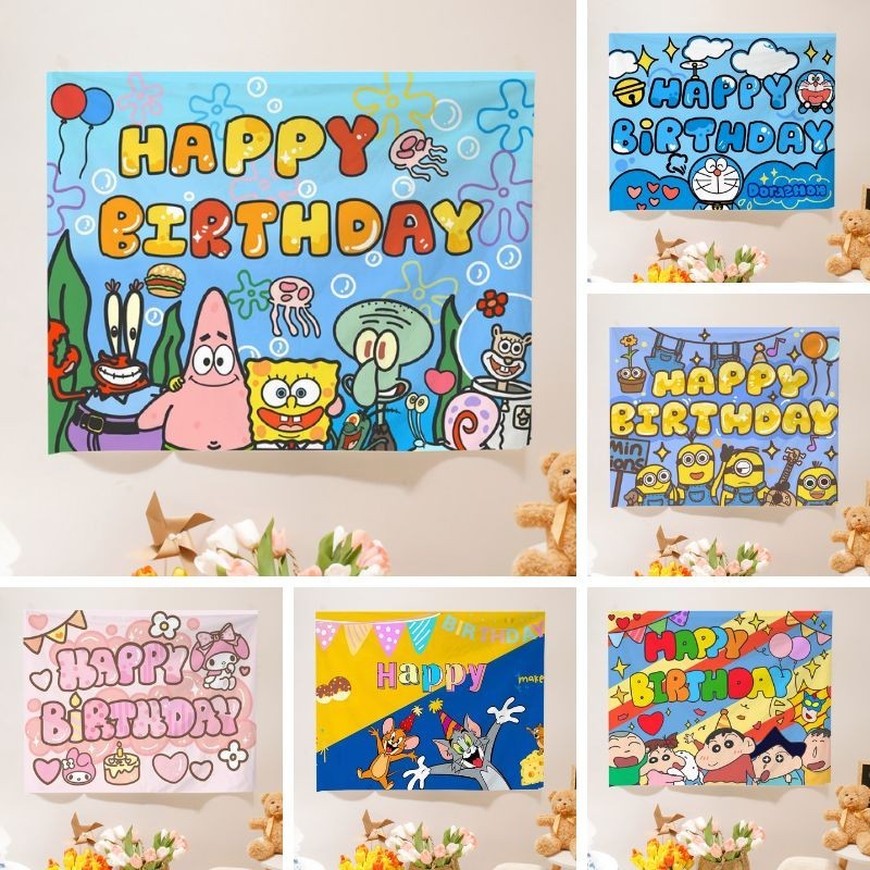Cute Cartoon Birthday Backdrop Decoration Cloth Happy Birthday ...