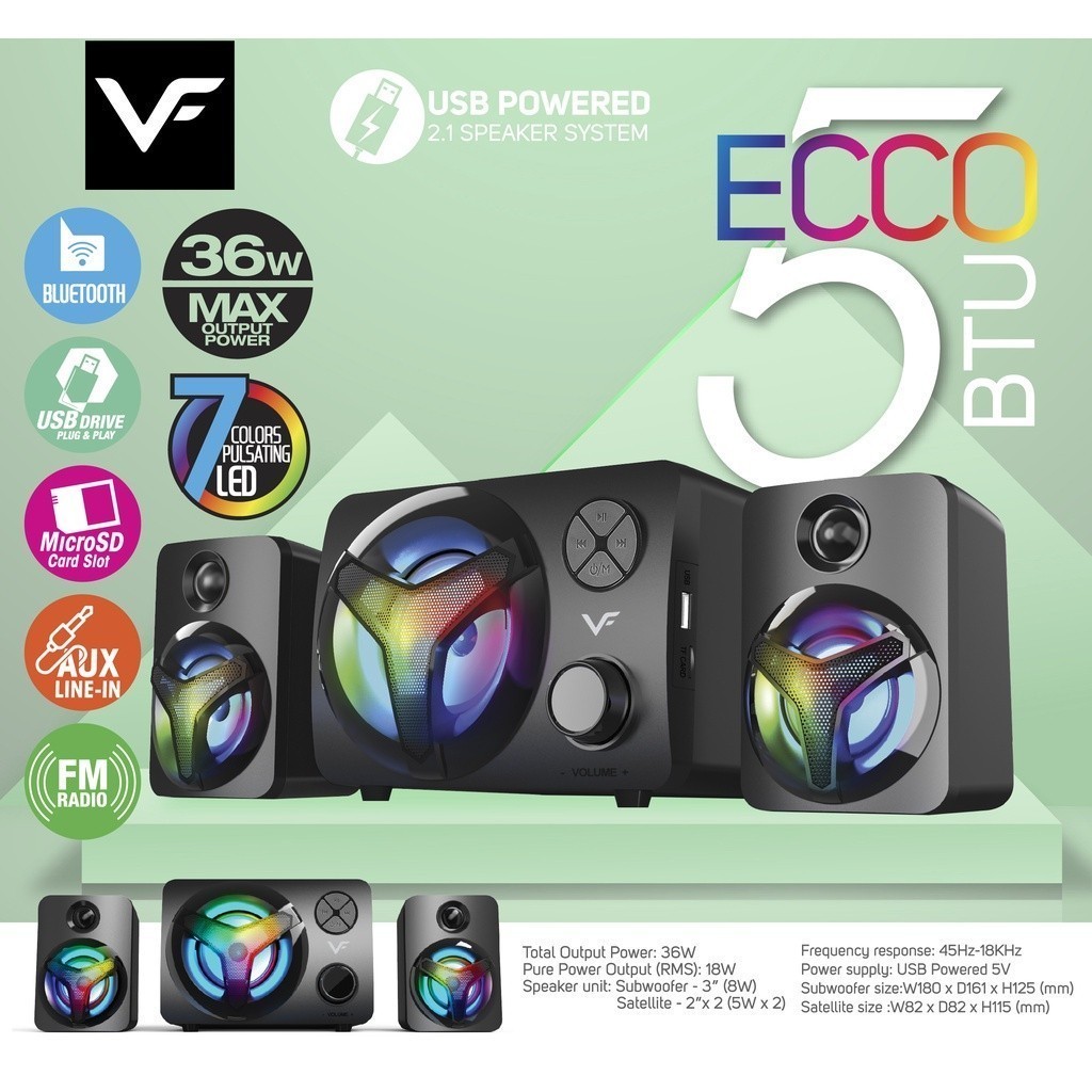 Vinnfier VF ECCO 5 BTU PC Bluetooth Speaker 2.1 USB Power LED Lights FM Radio Micro SD Card Slot ...