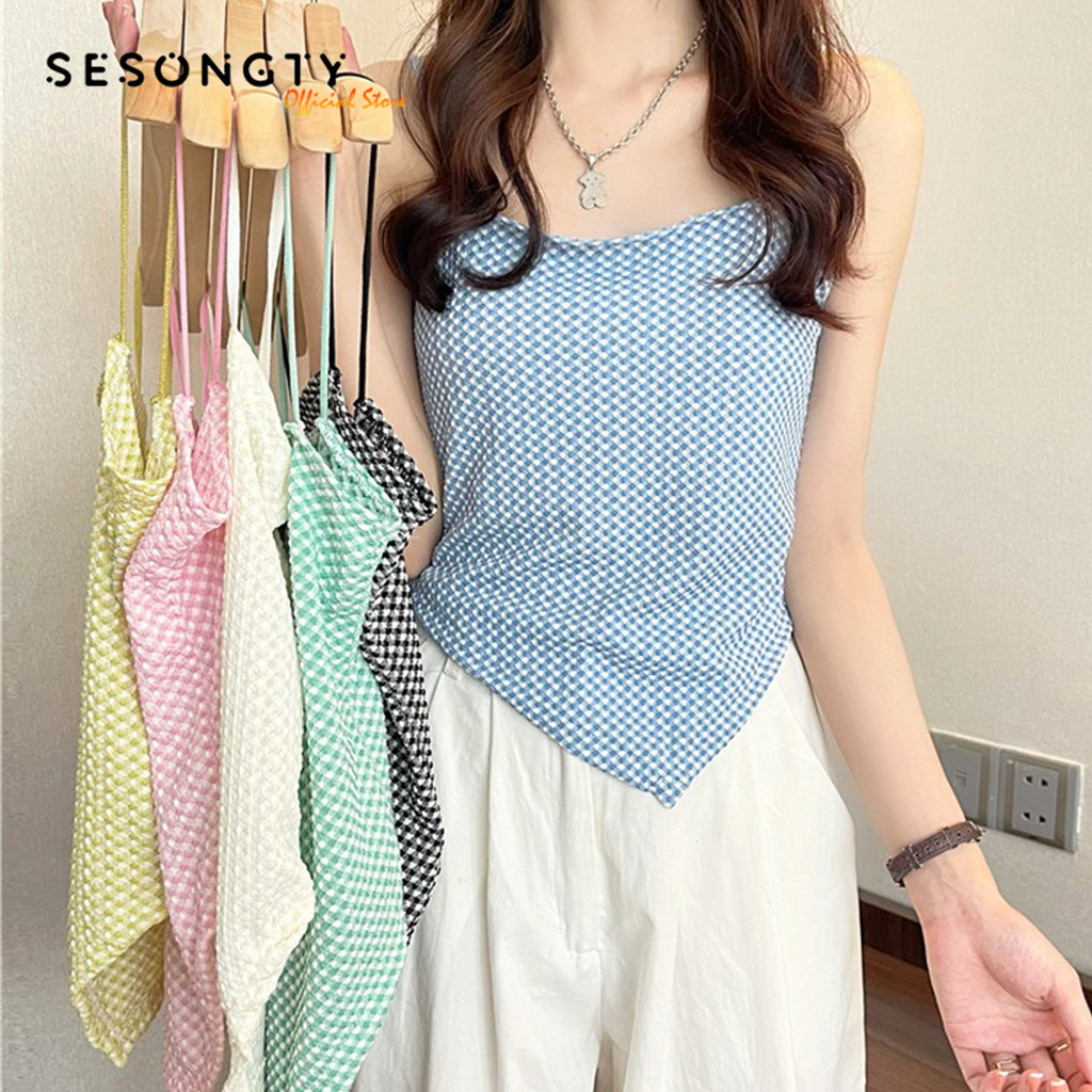 SESONGTY Angled Vest Suspender Contrasting Color Slimming Niche Top [CT ...