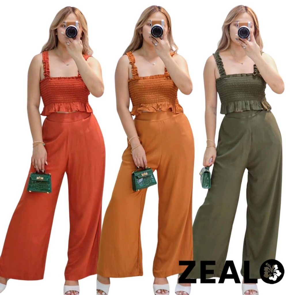 ZEALO Melissa Smocked Crop Top and Wide Leg Pants Terno Set Coordinates ...