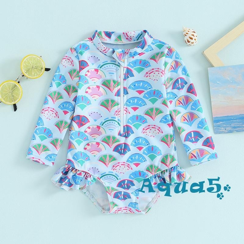 Aqua5-Toddler Girl Rash Guard Swimwear Shell Print Long Sleeve Ruffle Swimsuit Zipper Bathing ...