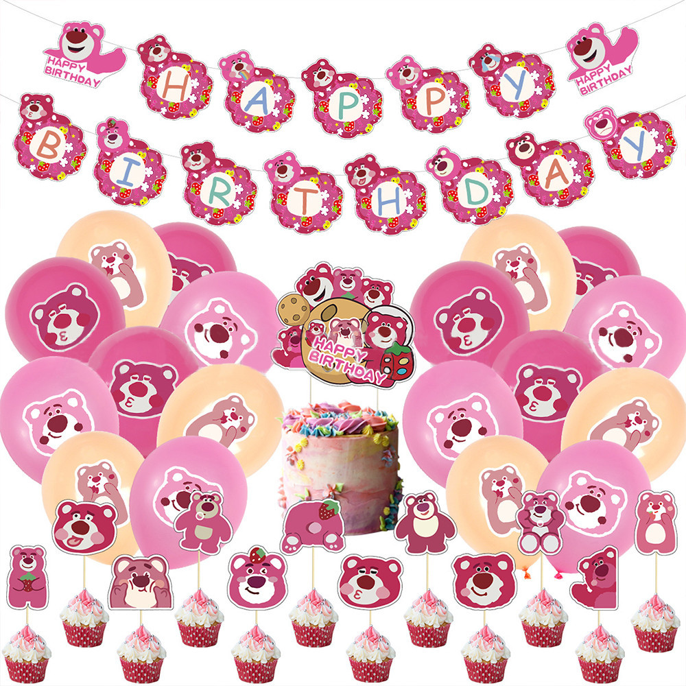 Strawberry Bear Theme Party Supplies Pink Cute Girl Children's Birthday Banner Cake Topper Latex ...
