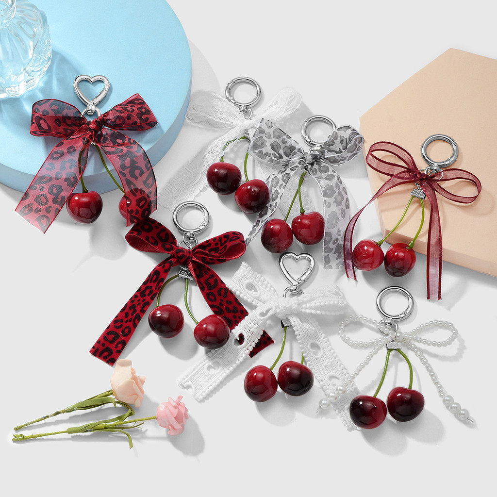 2025 New Sweet Imitation Pearl Keychain Fashion Leopard Mesh Bow Cherry ...