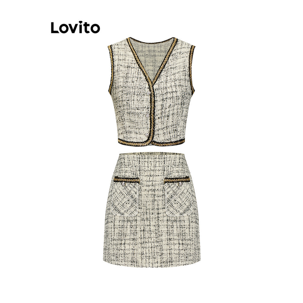 Lovito Classy Houndstooth Colorblock With Pockets Skirt Set for Women ...