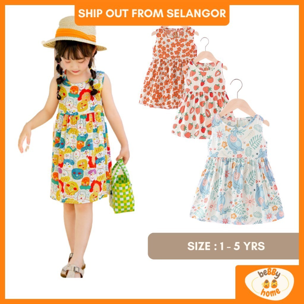 Dress Budak 1-5Y Kids Girl Dress Floral Sleeveless Cotton Kids Clothes ...