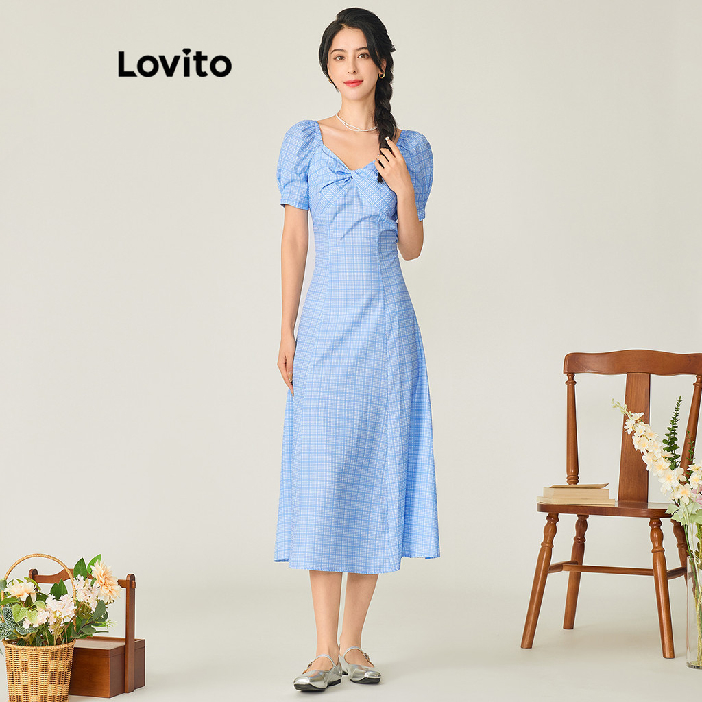 Lovito Casual Plaid Knot Structure Line Puff Sleeves Dress For Women ...
