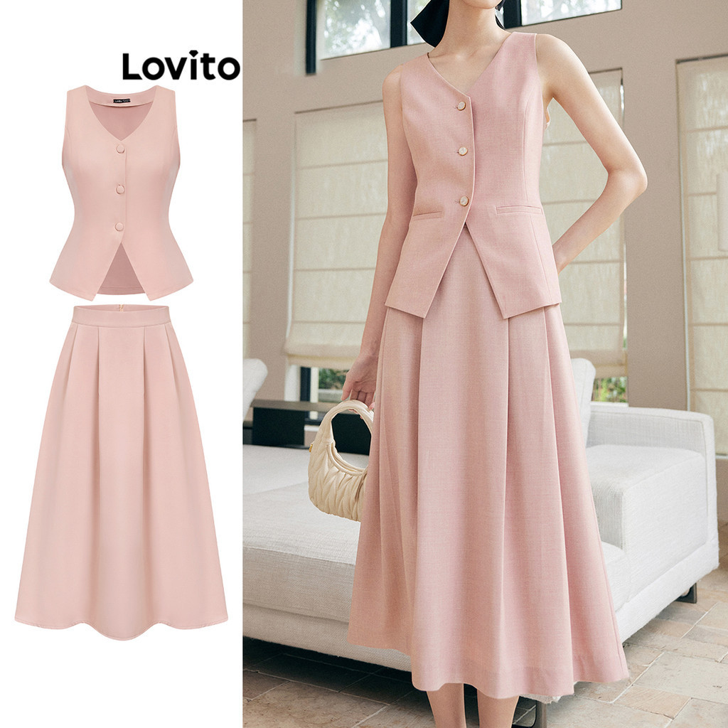 Lovito Casual Plain Pleated Skirt Sets for Women L80ED253 Lovito Set ...