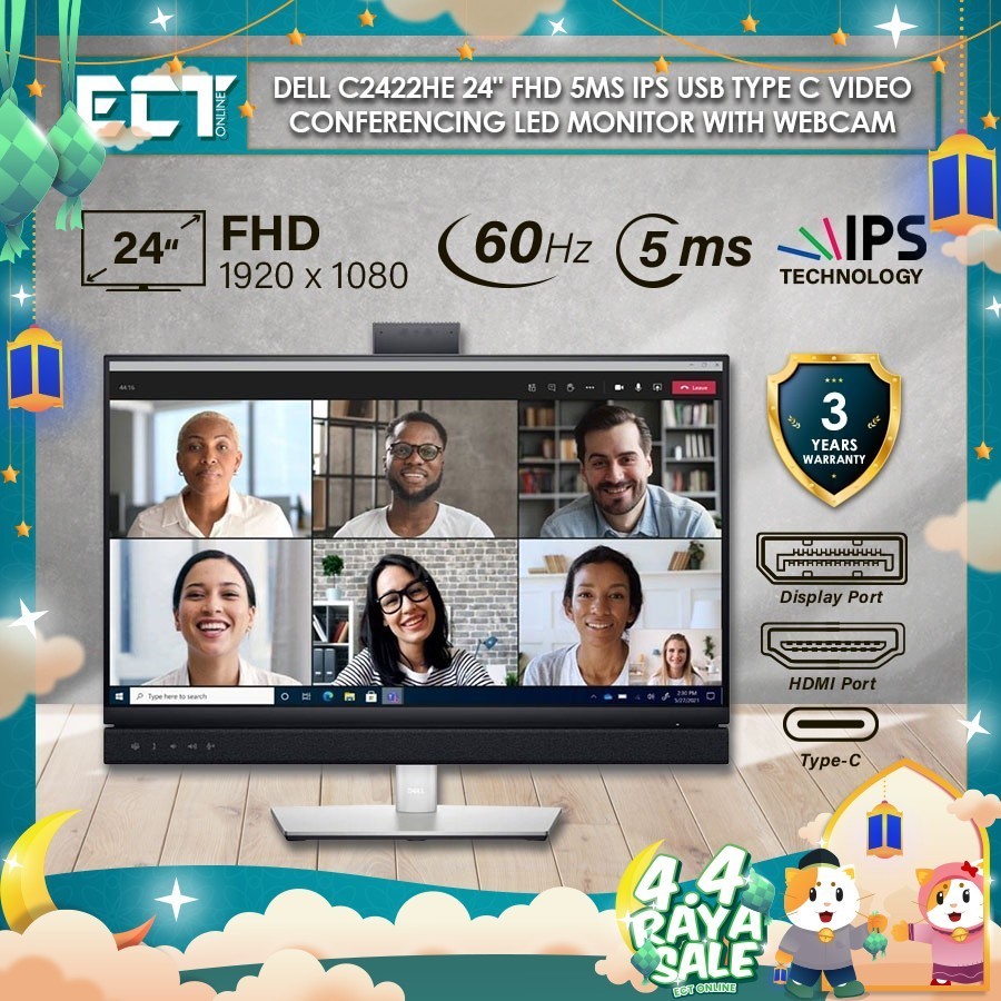 Dell C2422HE 24" FHD 1920 x 1080 5MS IPS USB TYPE C Video Conferencing ...