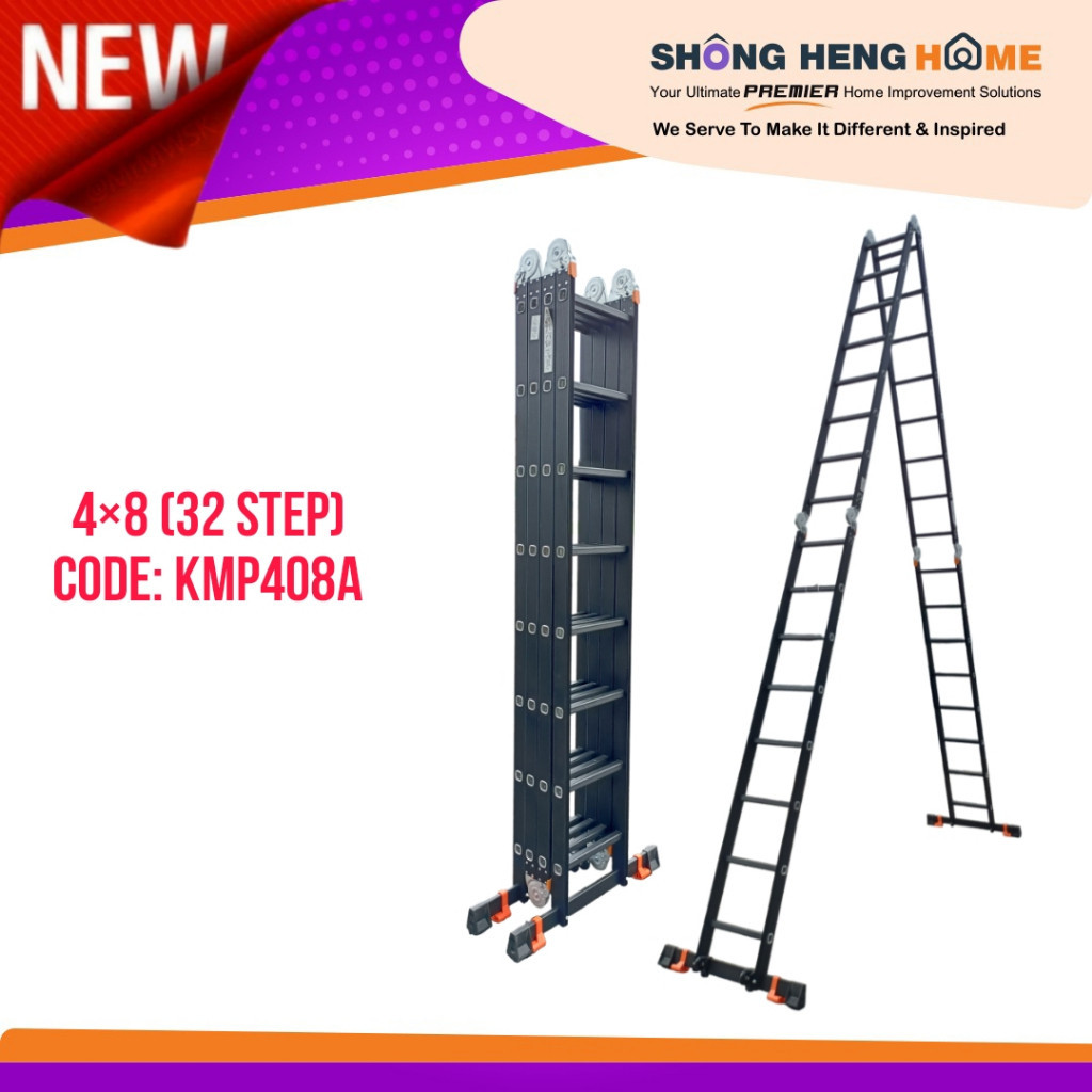 [32 STEPS/9M] Aluminium Multipurpose Ladder EN131 with wheel - KM408A ...