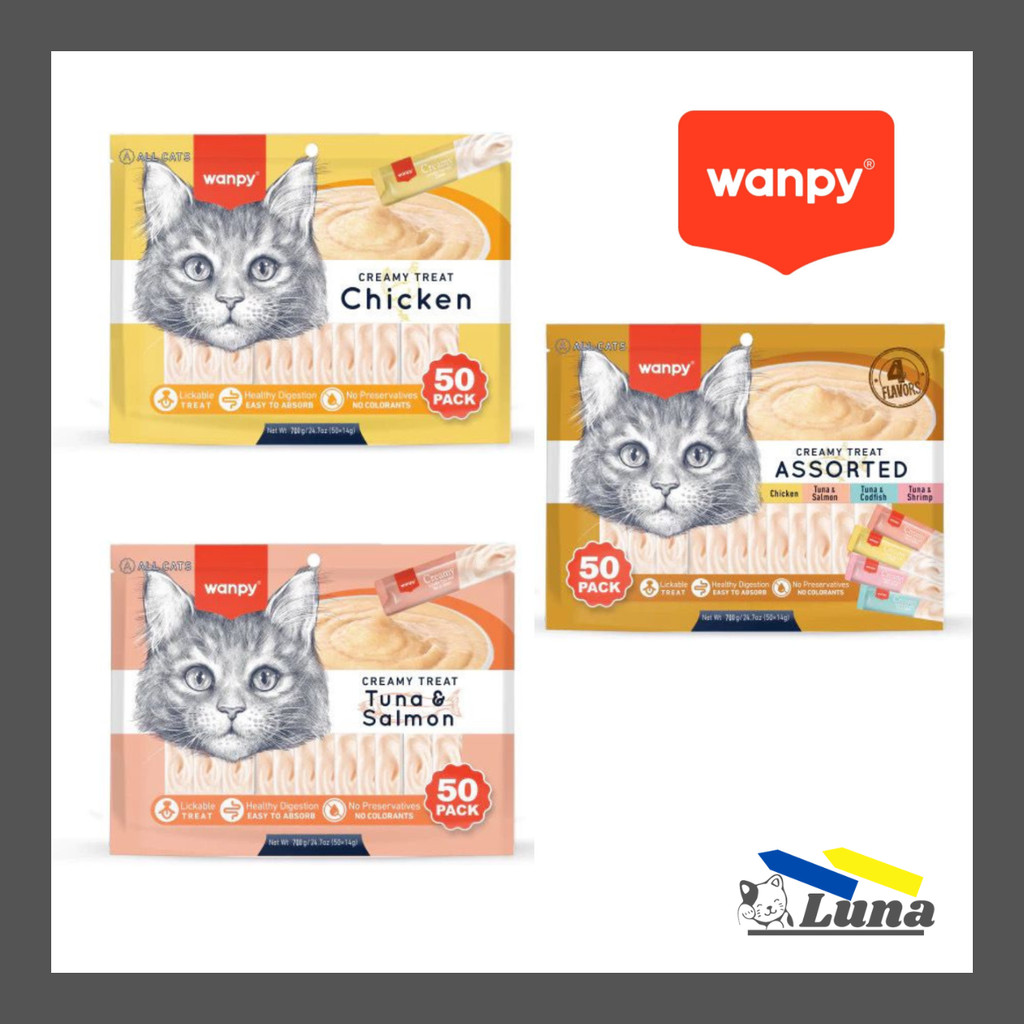 Wanpy 50 pcs Creamy Cat Treats 14g LICKABLE TREAT ASSORTED Chicken Tuna ...