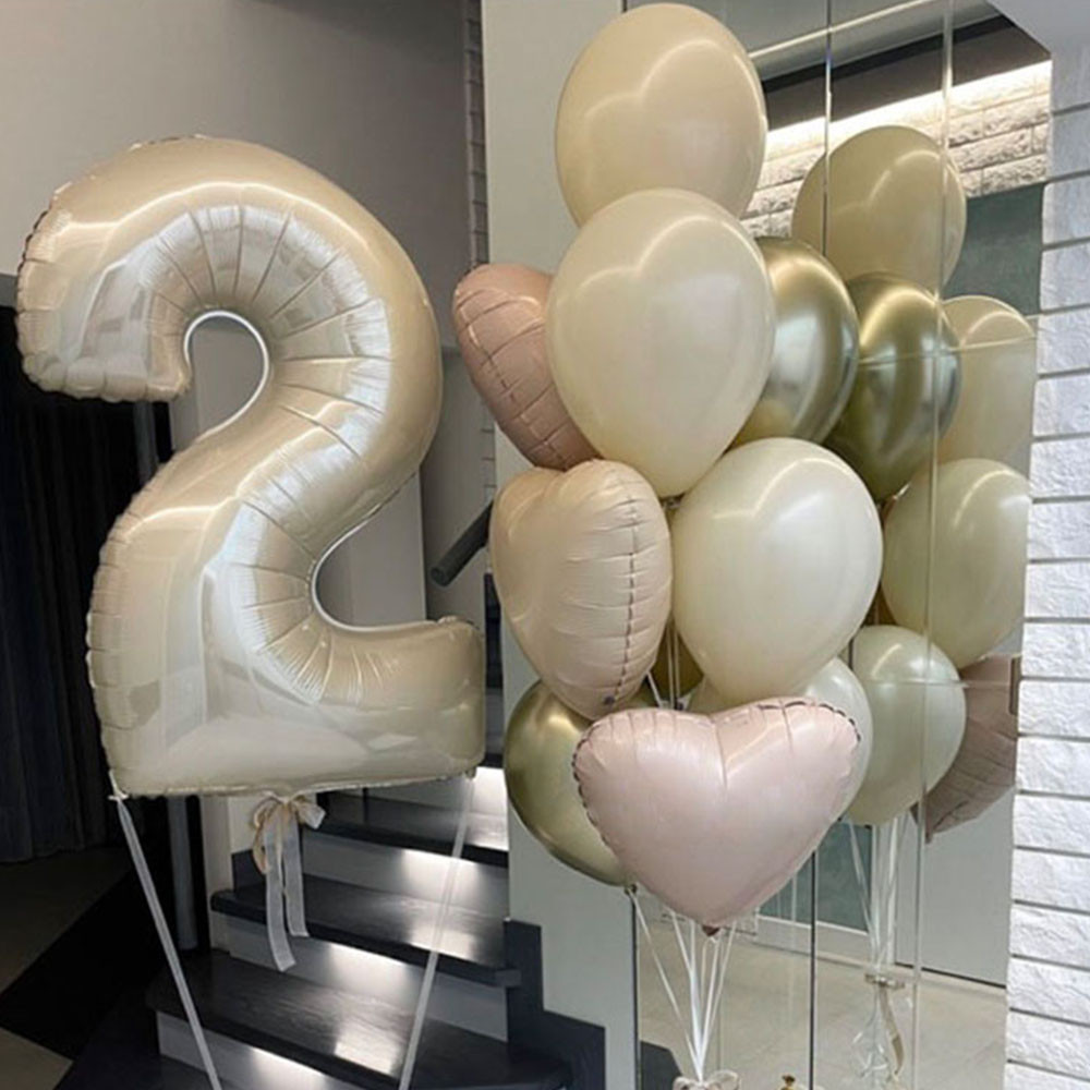 15pcs Cream Color Number Heart Foil Balloons Happy Birthday Party ...