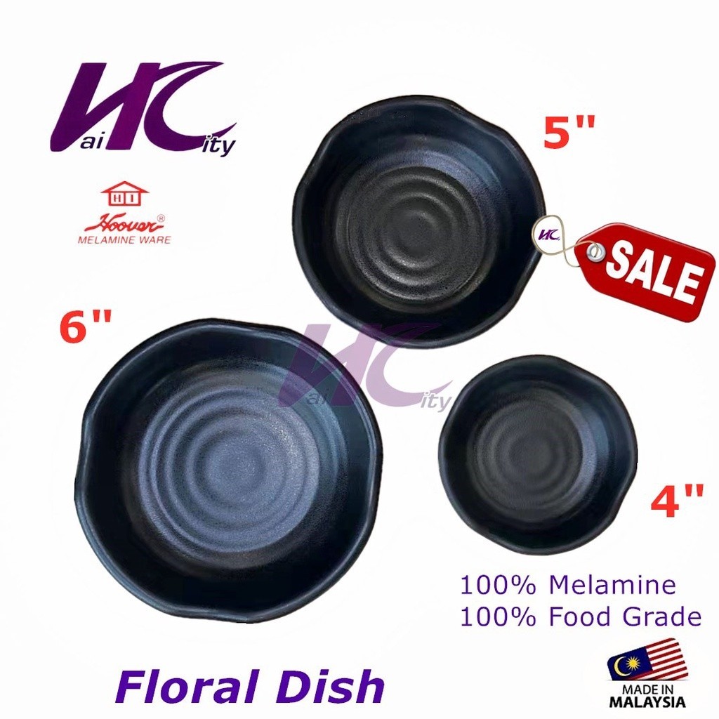 (HC) Hoover 100% Melamine Matt Black Japanese Plate Floral Shape Dinner sauce Dish Pinggan Bulat ...