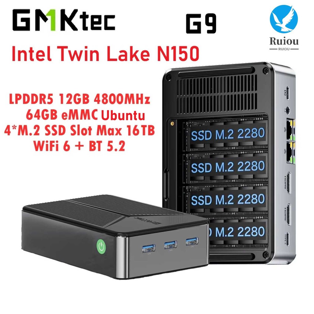 GMKtec G9 Intel Twin Lake N150 MINI PC LPDDR5 12GB 64GB EMMC M.2 2280 SSD Dual-system 4-bay NAS ...