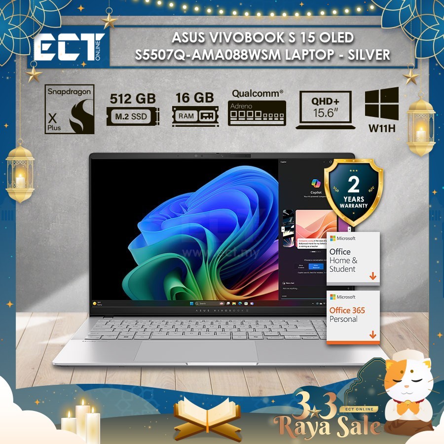 Asus VivoBook S 15 OLED S5507Q-AMA088WSM Laptop (SnapdragonXPlus,16GB,512GB SSD,Qualcomm,15.6 ...