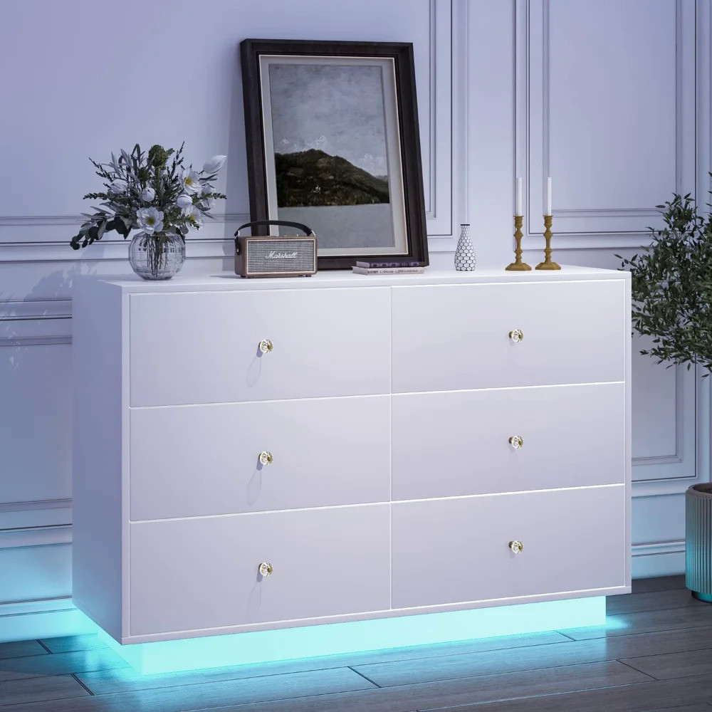 White LED 6 Drawer Dresser for Bedroom, Modern Dressers & Chests of ...