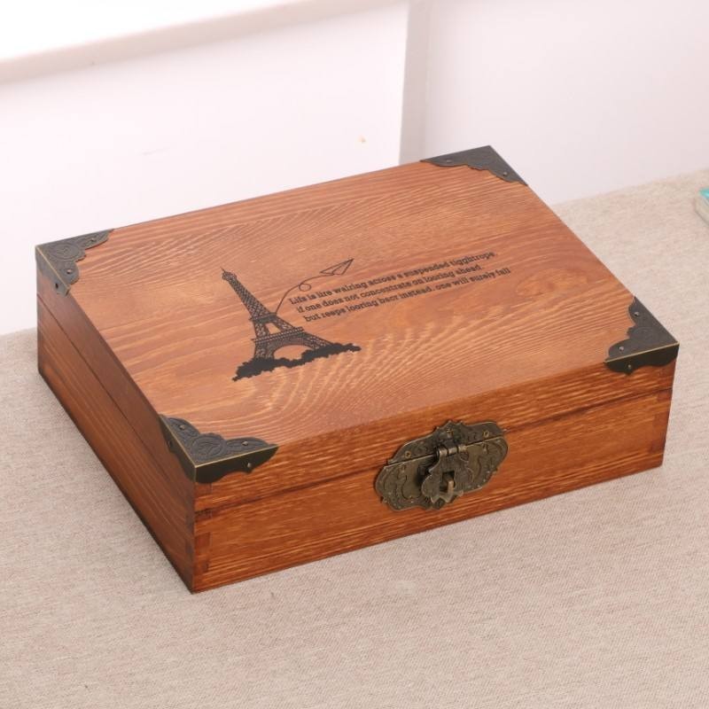 Wooden Box Retro Lockable Storage Box Solid Wood Desktop Storage Box ...