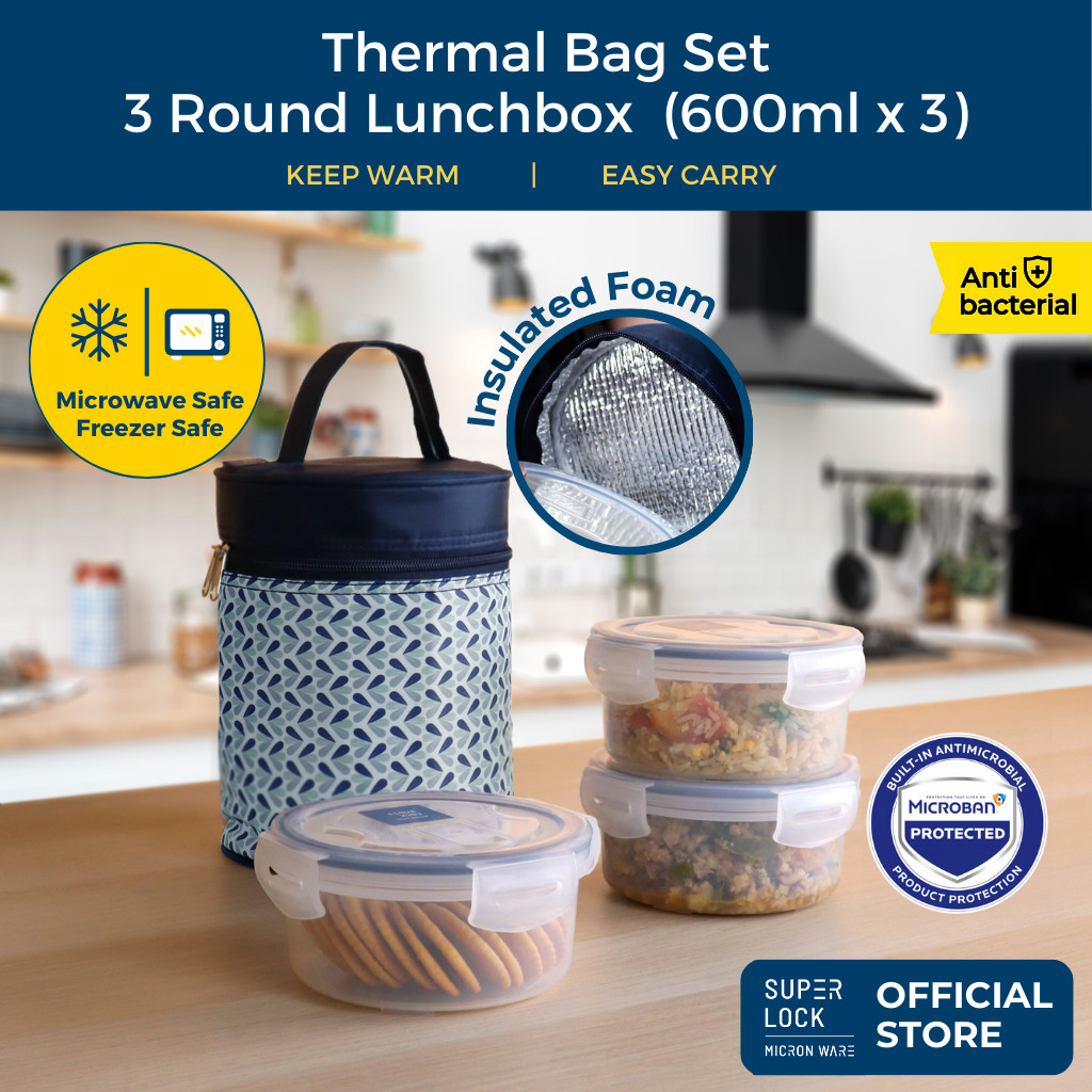 Super Lock Thermal Bag Round Lunch Box Set - 3pcs (600ml) Food ...