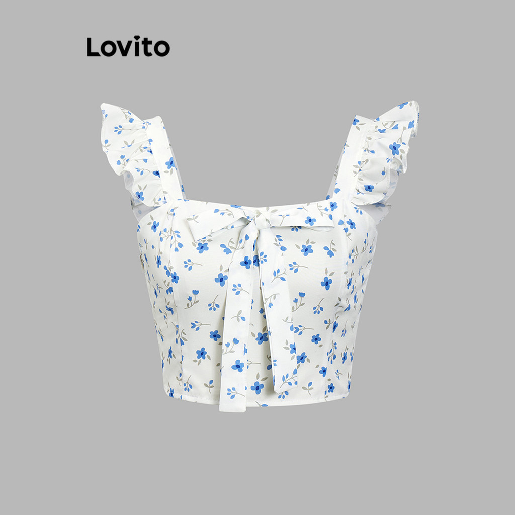 Lovito Slim Fit Boho Ditsy Floral Lettuce Trim Crop Tank Top For Women