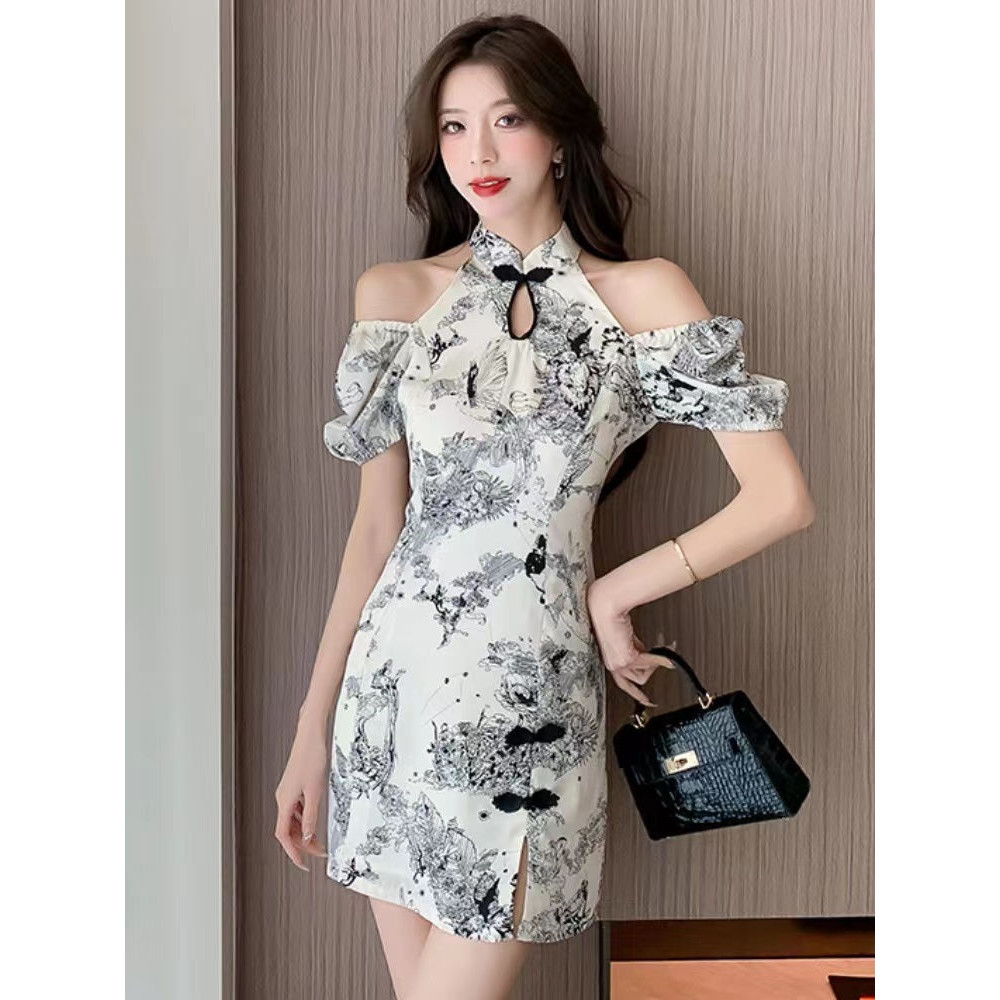 Chinese Style Off Shoulder Qipao Women's Summer Ink Print Split ...