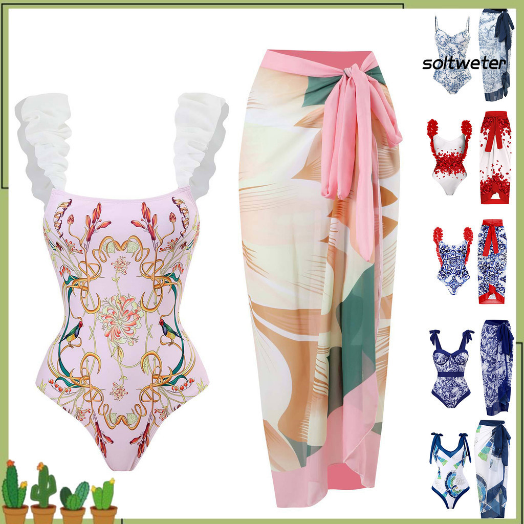 [soltweter ]2pcs Set Women Sexy Sling Monokini With Skirt Set Floral