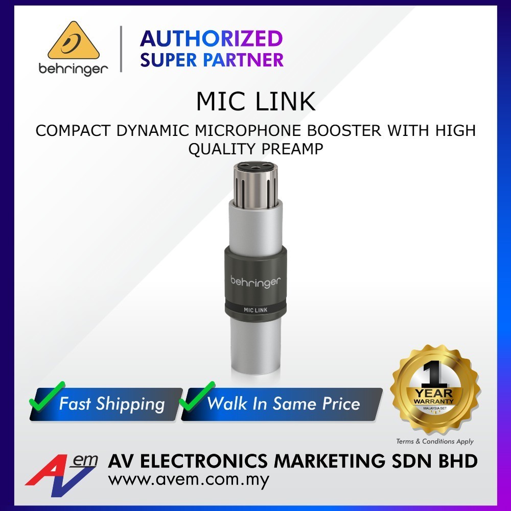 BEHRINGER MIC LINK Compact Dynamic Microphone Booster with High-Quality ...