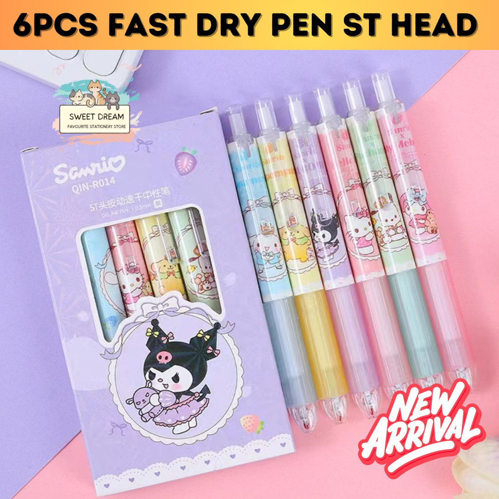 6PCS / Set SANRIO QIN-R014 Kitty Melody Kuromi Fast Dry PRESS PEN ST ...