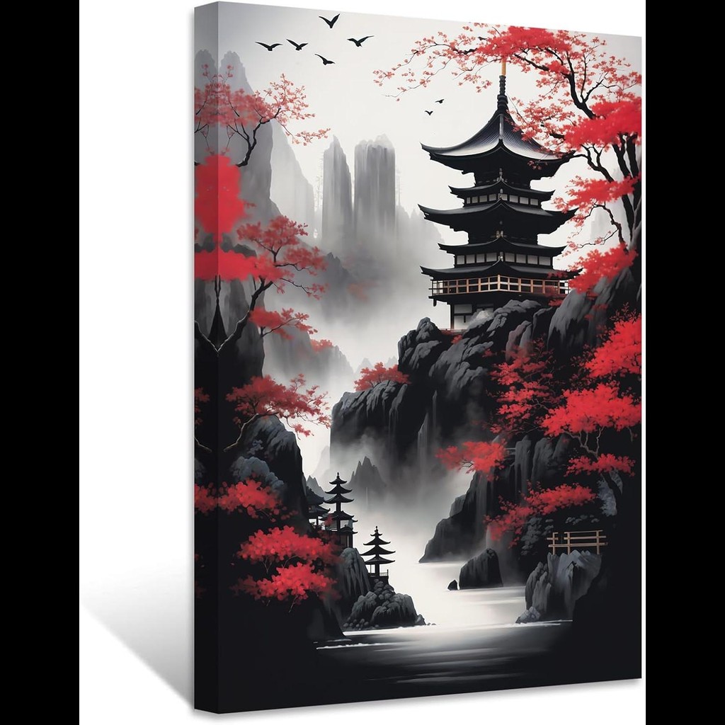Seni kanvas Jepun: Pokok ceri merah dan hitam dengan menara pagoda ...