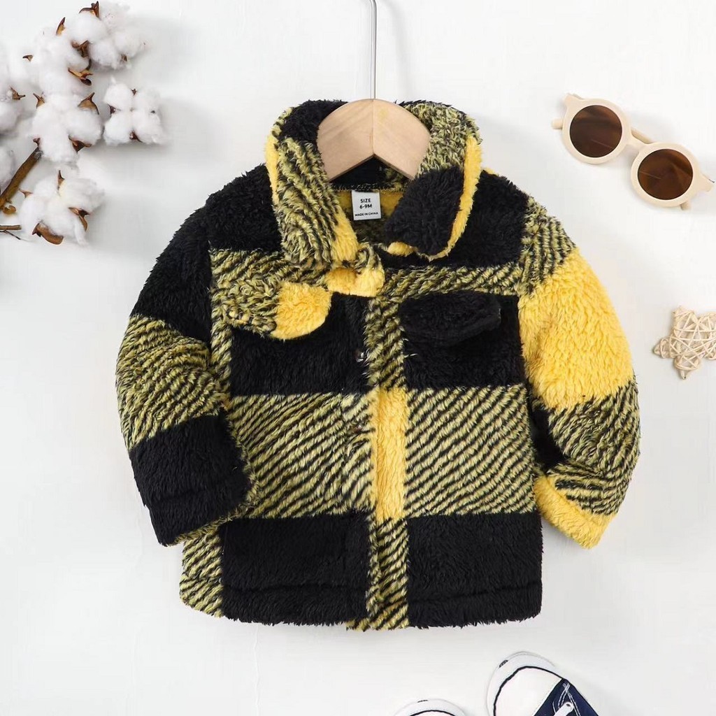 Boys and Girls Warm Plush Jackets in Winter Plaid Coat Black and Yellow ...