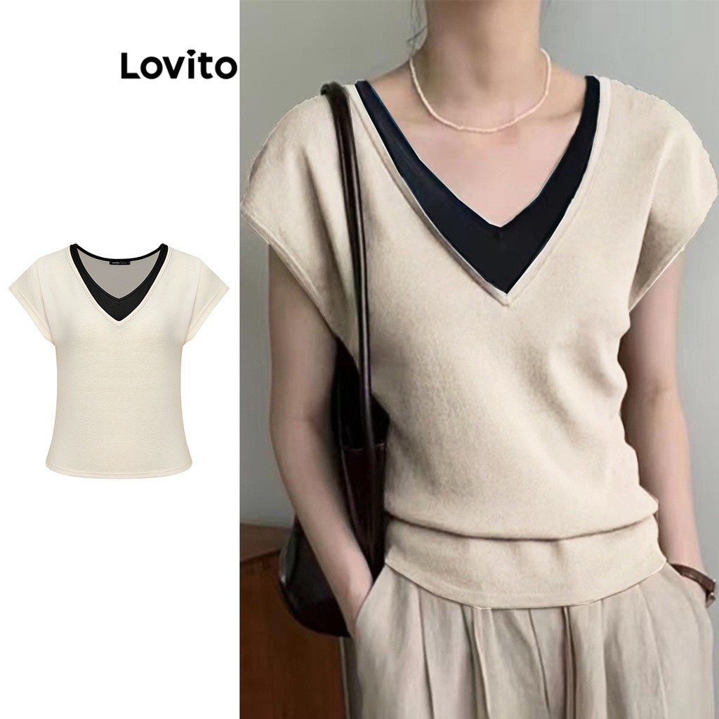 Lovito Elegant Plain Colorblock T-Shirt for Women L68ED048 (Apricot ...