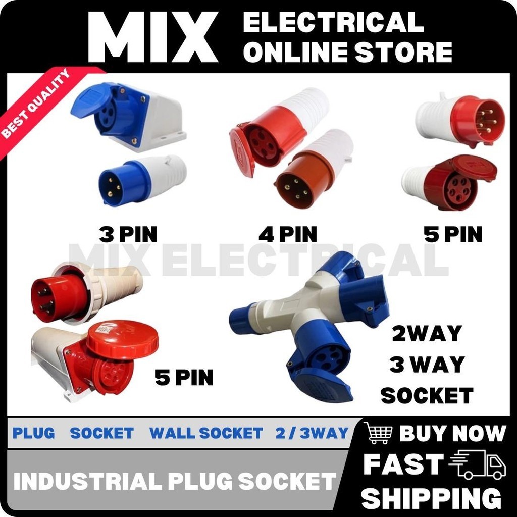IP44 CEE Industrial Plug Wall Socket Connector 16a 32a 3 Pin 4 Pin 5 Pin Blue Red Single Phase ...