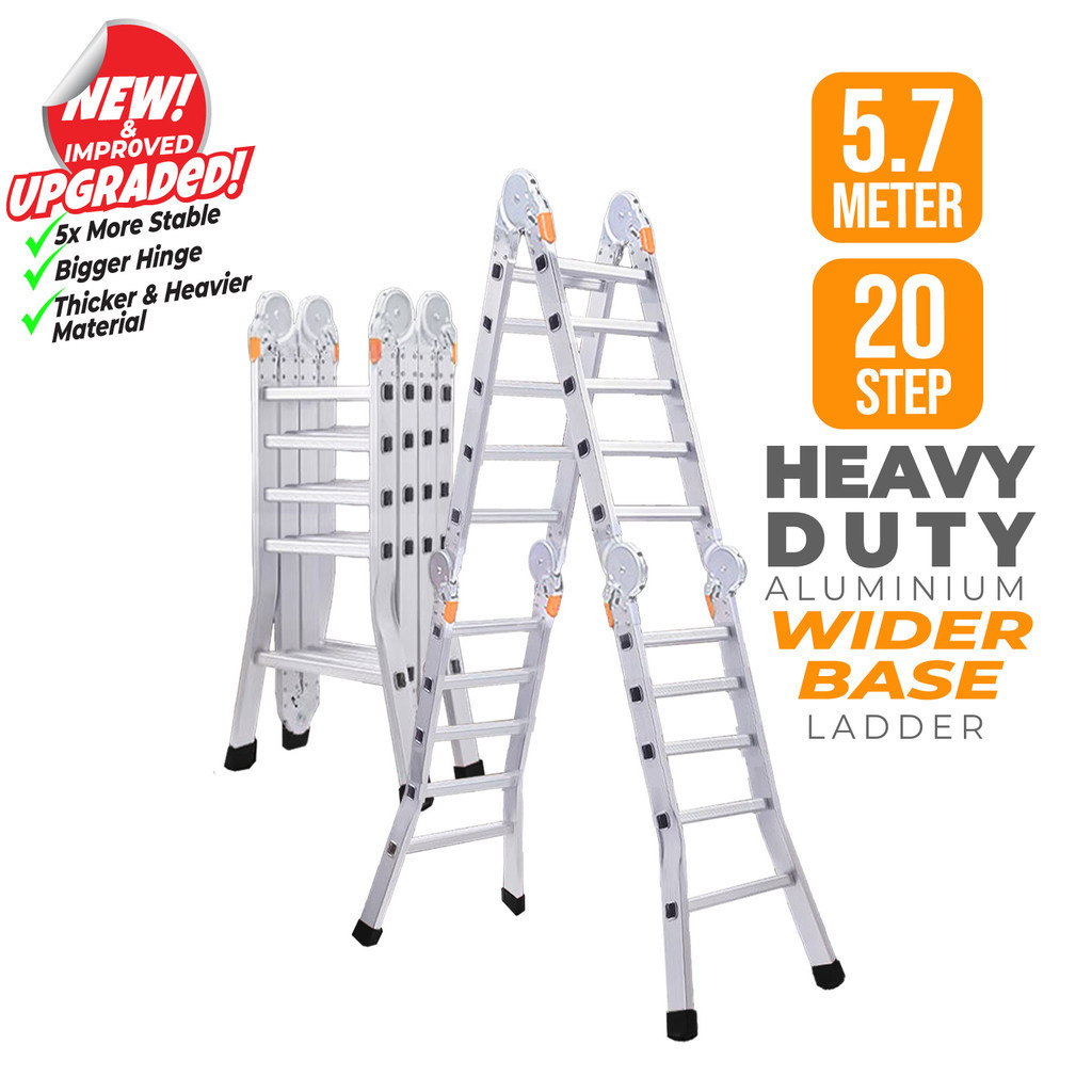 5.7M 20 Step Wider Base Heavy Duty Foldable Ladder Multipurpose ...