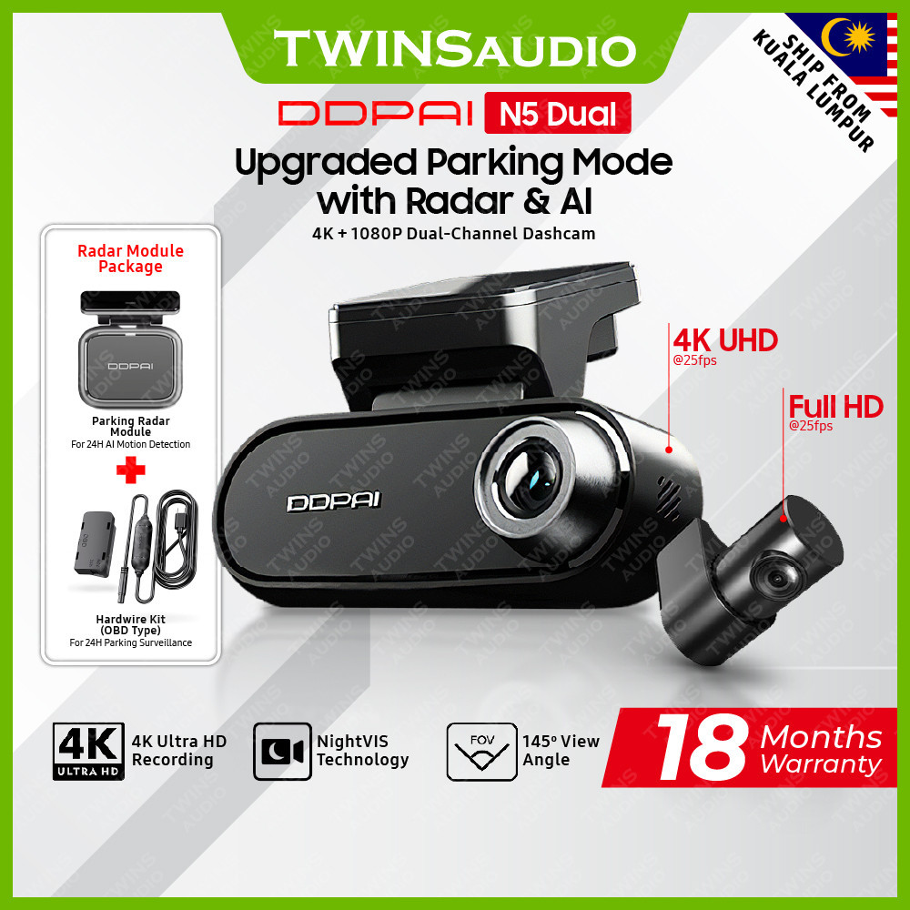 DDPAI N5 Dual 4K + 1080P Dual-Channel Dashcam Al Base Radar Motion ...