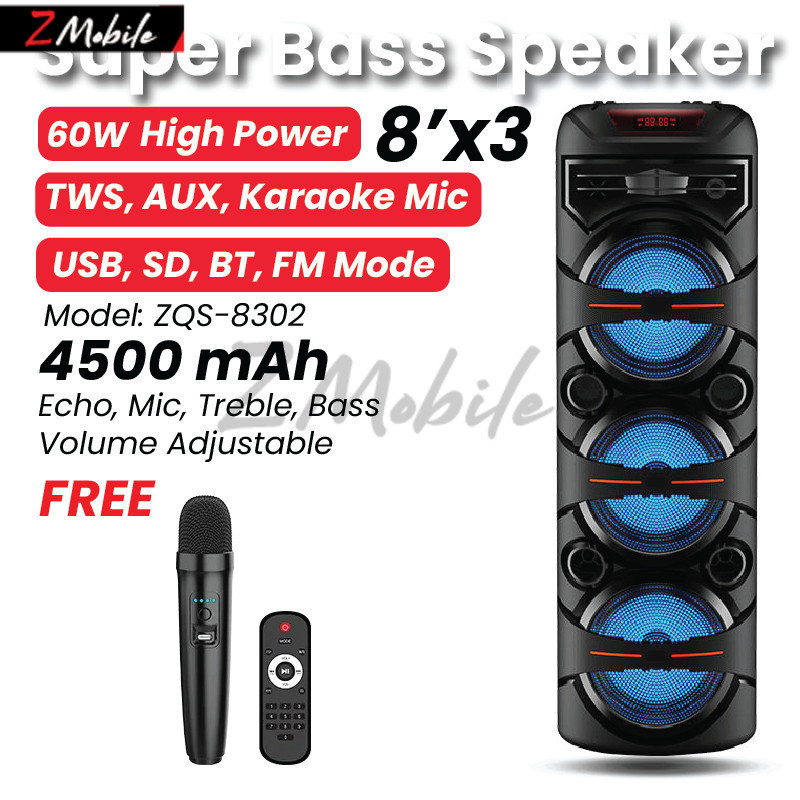SING-E ZQS8302 Portable Tower 8 inch x3 Speaker System Outdoor Portable RGB Bluetooth Speaker ...