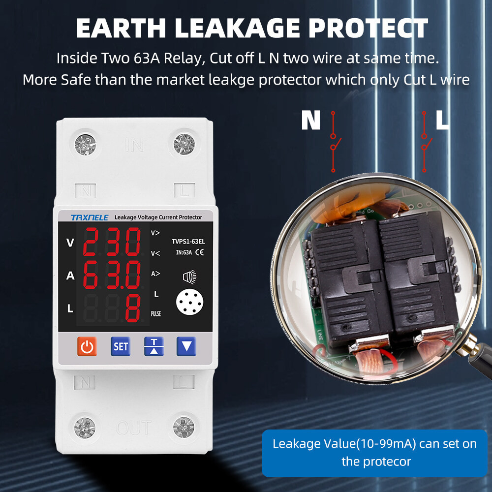 TAXNELE 63A Earth Leakage Over Under Voltage Protector Relay Circuit Breaker Surge Protection ...