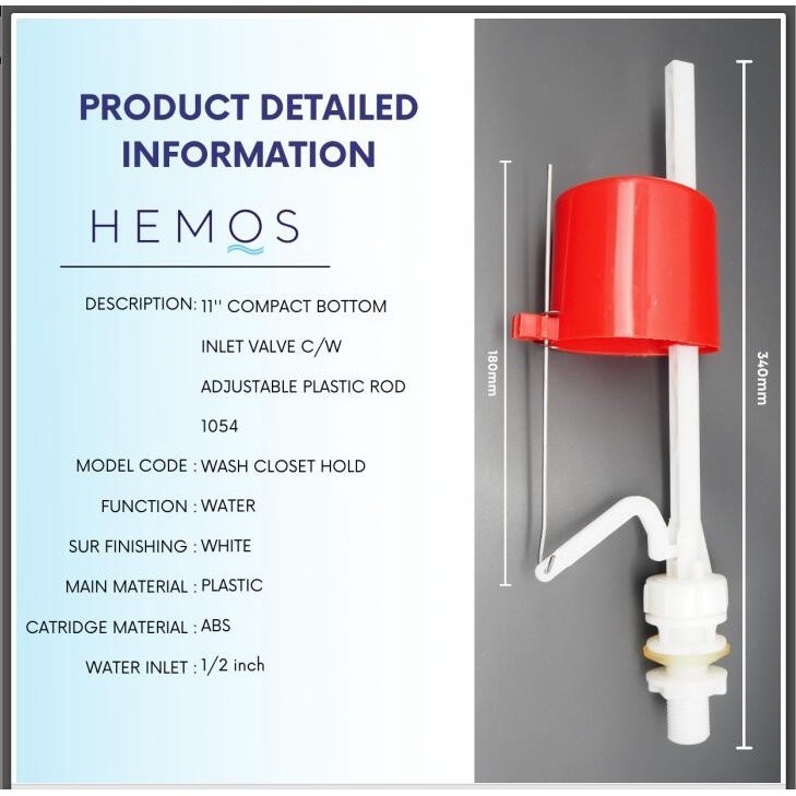 COMPACT BOTTOM INLET VALVE C/W ADJUSTABLE PLASTIC ROD 1054 BOTTOM INLET ...