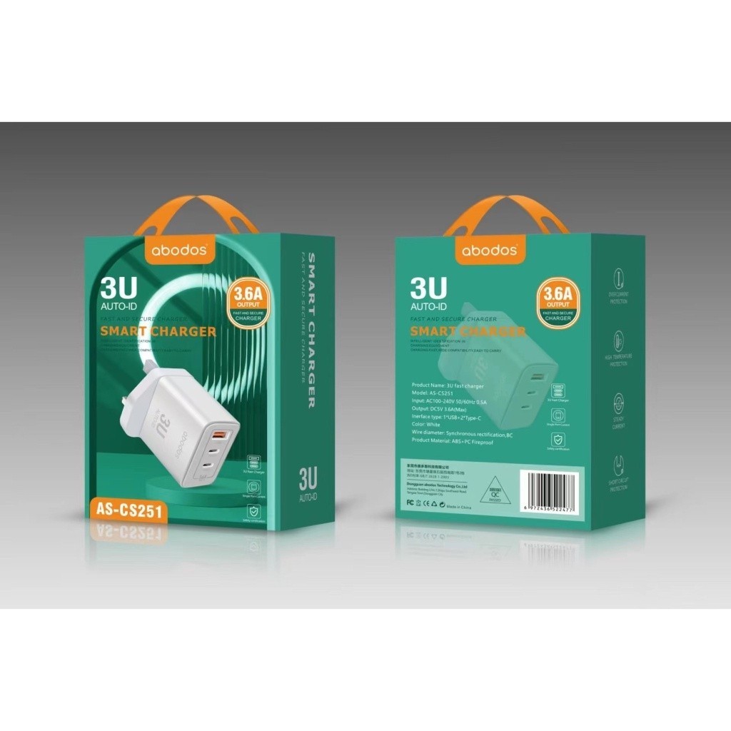 Abodos AS-CS251 3 USB Auto-ID Smart Charger Adapter 3.6A / 20W PD + QC 3.0 Fast Quick Charging ...