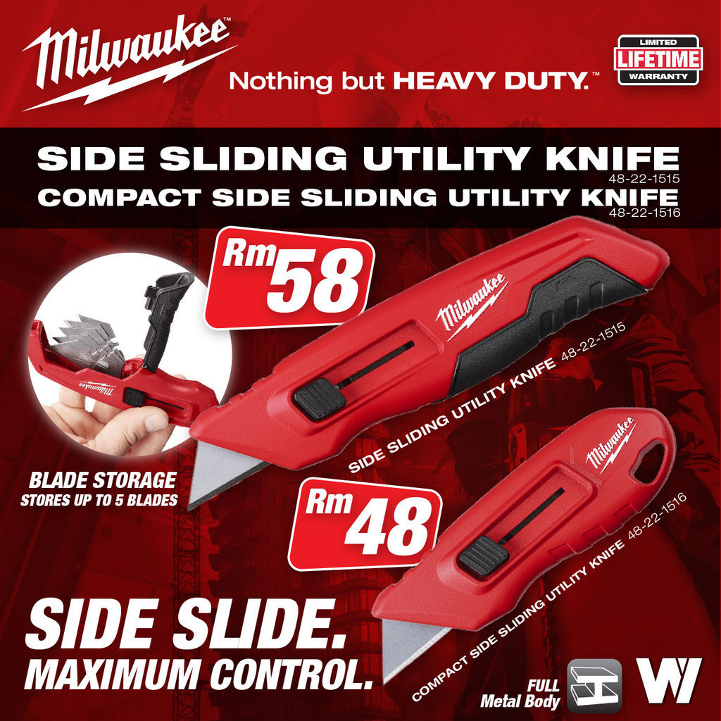 MILWAUKEE Compact Side Sliding Utility Knife Cutter With Spare Blade ...