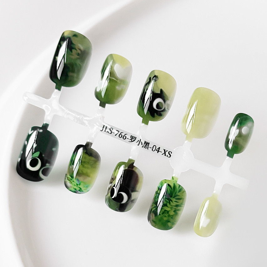 Cute Green Series Cartoon Wearable Nails Dark Green Luo Small Black ...