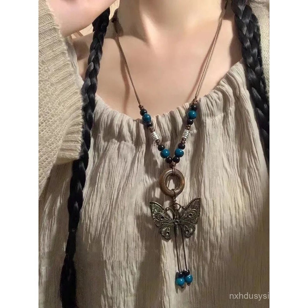 Kalung Gaya Retro Cina Seramik Bulatan Kayu Rumbai Rama-rama Haiwan ...