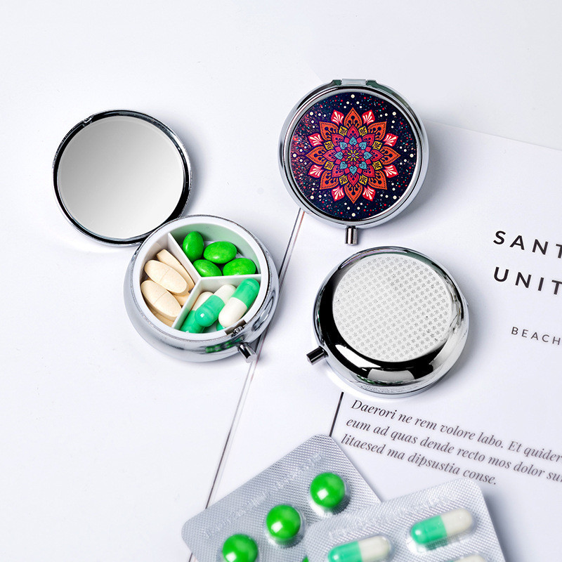 Round Pill Box,3 Compartment Small Pill Case for Pocket & Purse, Cute ...