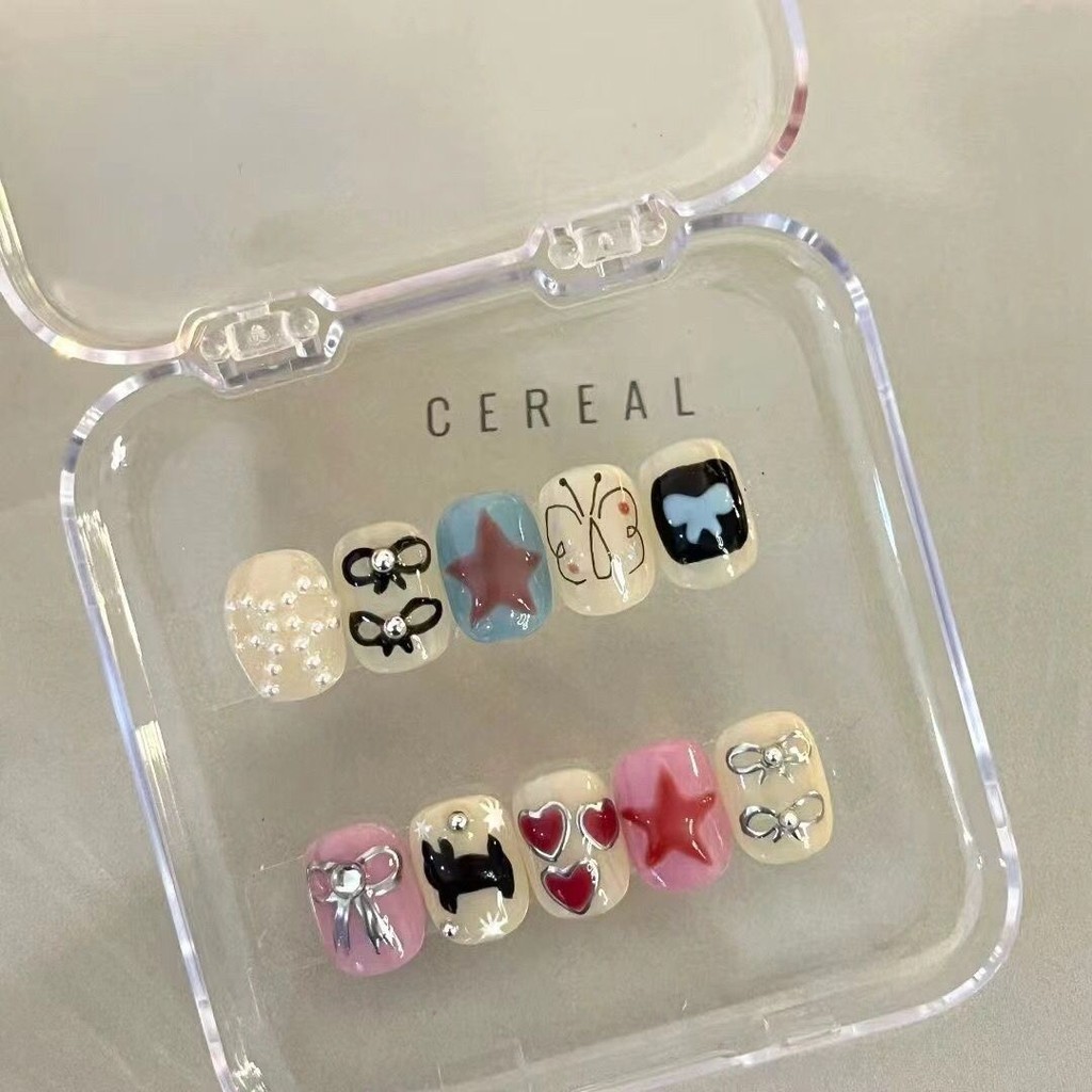 Beaver Ruby Short Hand-Painted Nail Wearing Bow Manicure Patch | Shopee ...