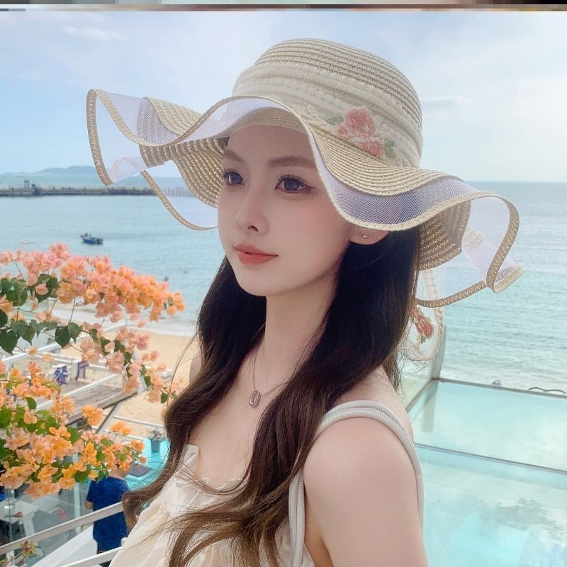New Style Summer Big Brim Straw Hat 2024 Influencer Wave Rose Sun Hat ...
